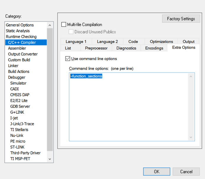 在IAR Arm开发工具链中使用‑‑function_sections编译选项把函数放到单独的section